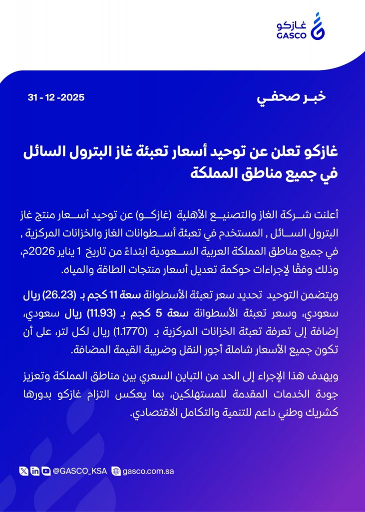 غازكو تعلن عن توحيد أسعار تعبئة غاز البترول السائل في جميع مناطق ...
